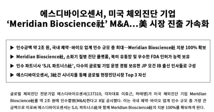에스디바이오센서 미국 체외진단 기업 Meridian Bioscience社 약 2조 원에 인수합병(M&A) : 네이버 블로그