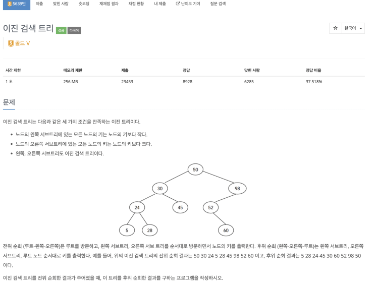 [BOJ 5639] 이진 검색 트리 (Node.js) : 네이버 블로그