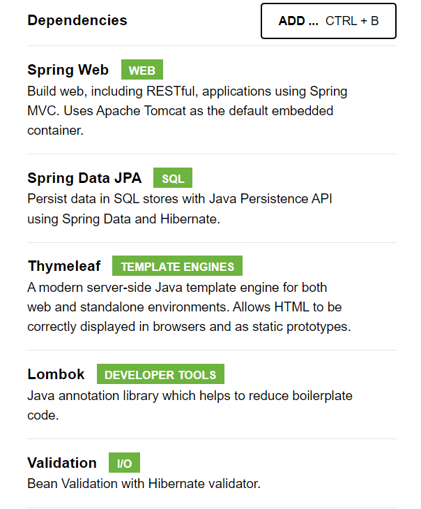 [Java] 웹 애플리케이션을 위한 spring boot dependencies 설정 - web, thymeleaf, jpa ...