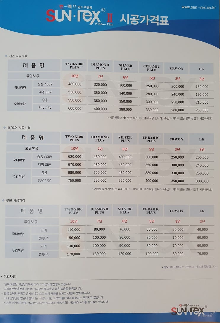 자동차 썬팅 가격표 Sunrex필름 열차단효과 뛰어난 차량용 썬팅지 썬렉스 썬팅 앞유리 선팅 전면썬팅 측면썬팅 뒷유리썬팅 후면썬팅 농도 시인성 좋은썬팅 파노라마선루프틴팅
