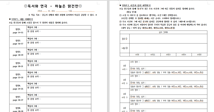 미래엔 국어 1 2 1독서와 연극 1하늘은 맑건만 갈등이 드러난 소설 모둠 활동으로 이해하기5차시 활동 구성