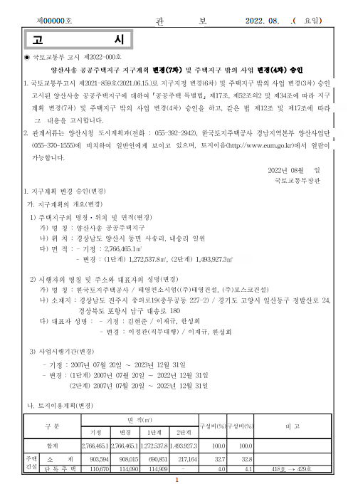 양산사송 공공주택지구 지구계획 변경7차 및 주택지구 밖의 사업 변경4차 승인 국토교통부 고시 제2022 495호