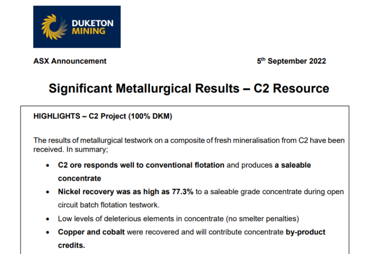 호주 니켈 탐사 회사 DUKETON MINING, C2 Resource 프로젝트 선광 테스트 정보 공유 : 네이버 블로그