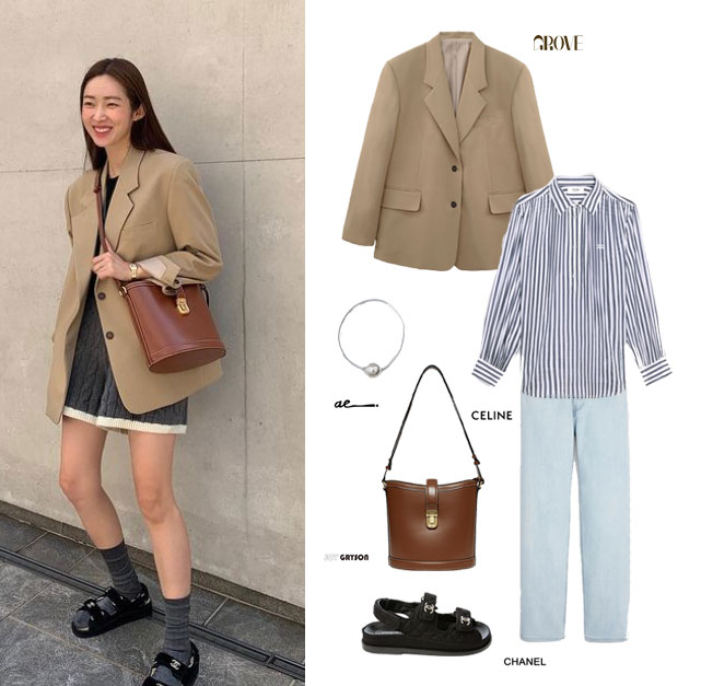 차정원 인스타그램 옷 패션 자켓 스트라이프 셔츠 청바지 꽈배기 바지 데님 팬츠 버킷백 가방 목걸이 헤어끈 머리끈 의상 스타일