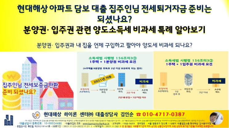 현대해상 아파트 담보대출 집주인님 전세보증금 반환자금 준비됐나요 분양권· 입주권 1세대 1주택 양도소득 비과세 특례
