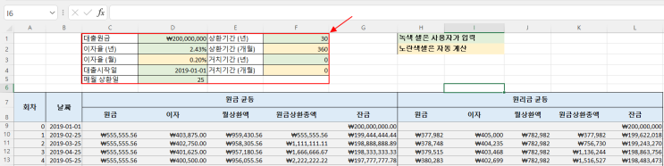 대출 상환금 이자 계산기 엑셀파일 공유 원금 균등 원리금 균등 거치기간 네이버 블로그