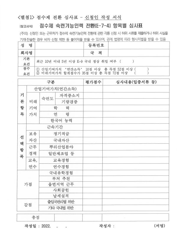 2022년 숙련기능인력 E7 4 점수제 선발계획 네이버 블로그