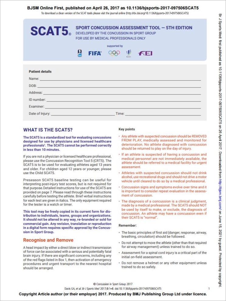 [스포츠 뇌진탕 Part3] SRC Assessment Tool, SCAT5 : 네이버 블로그