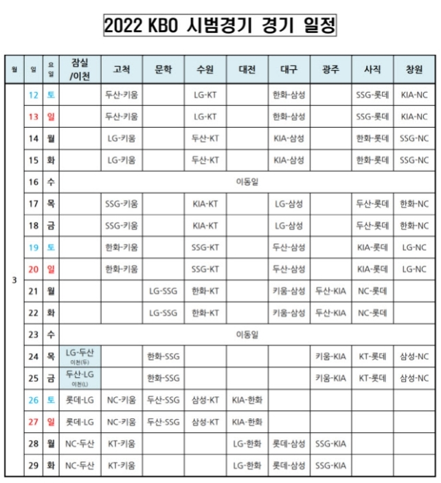 2022 KBO 야구 시범경기 일정 (중계는 어디서?) : 네이버 블로그