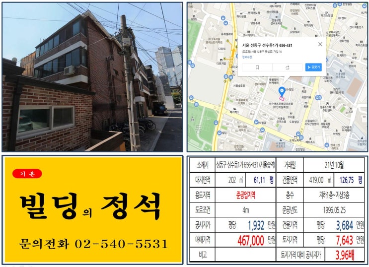 성동구 서울숲 40억 꼬마빌딩 실거래가 조회 성수동1가 656 431 서울숲역 46억 7000만 원 평당 7643만