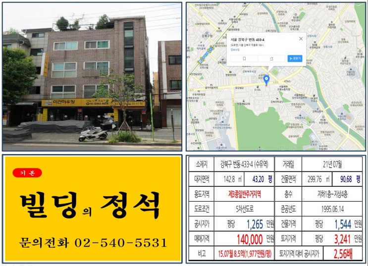 강북구 대로변 10억 꼬마빌딩 실거래가 조회 번동 433 4 수유역 14억 원 평당 3241만 원 매매되었습니다