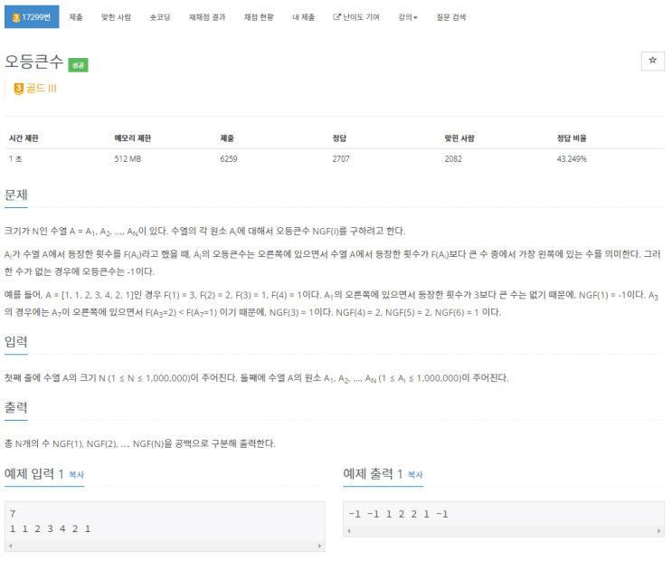 [BOJ/백준] 17299 오등큰수 (java/자바) : 네이버 블로그