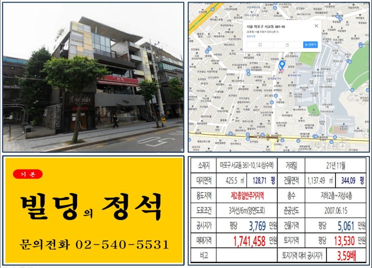마포구 홍대클럽거리 100억 빌딩 실거래가 조회 서교동 361 1014 상수역 174억 1458만 원 평당 1억