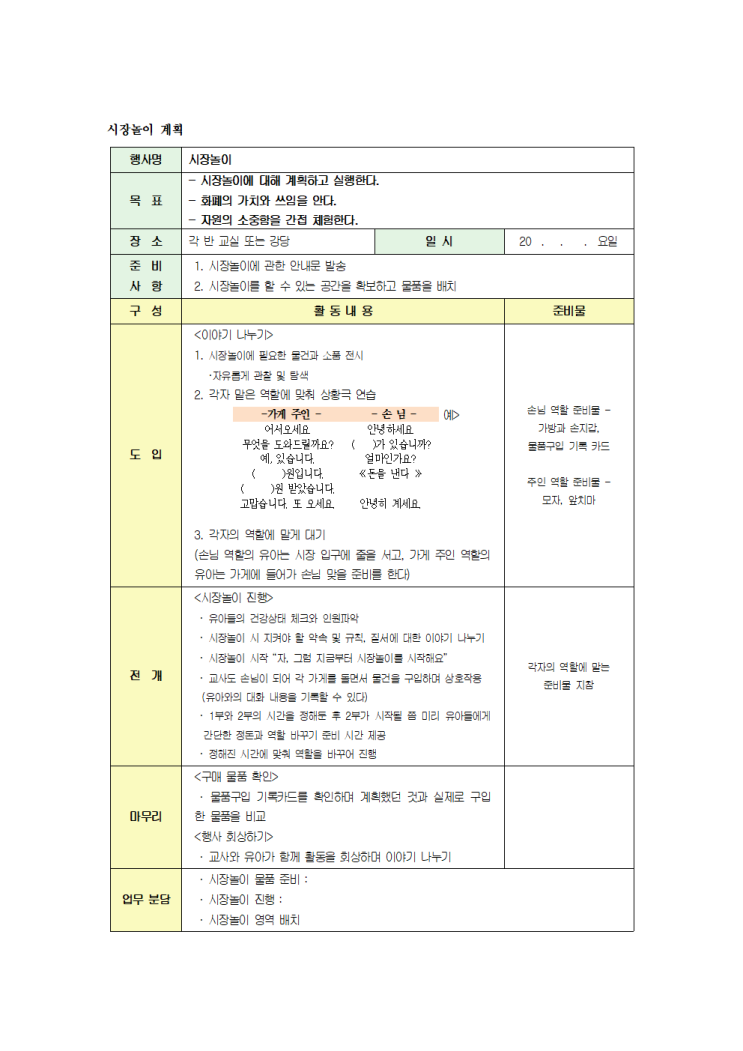 시장놀이 계획안 네이버 블로그