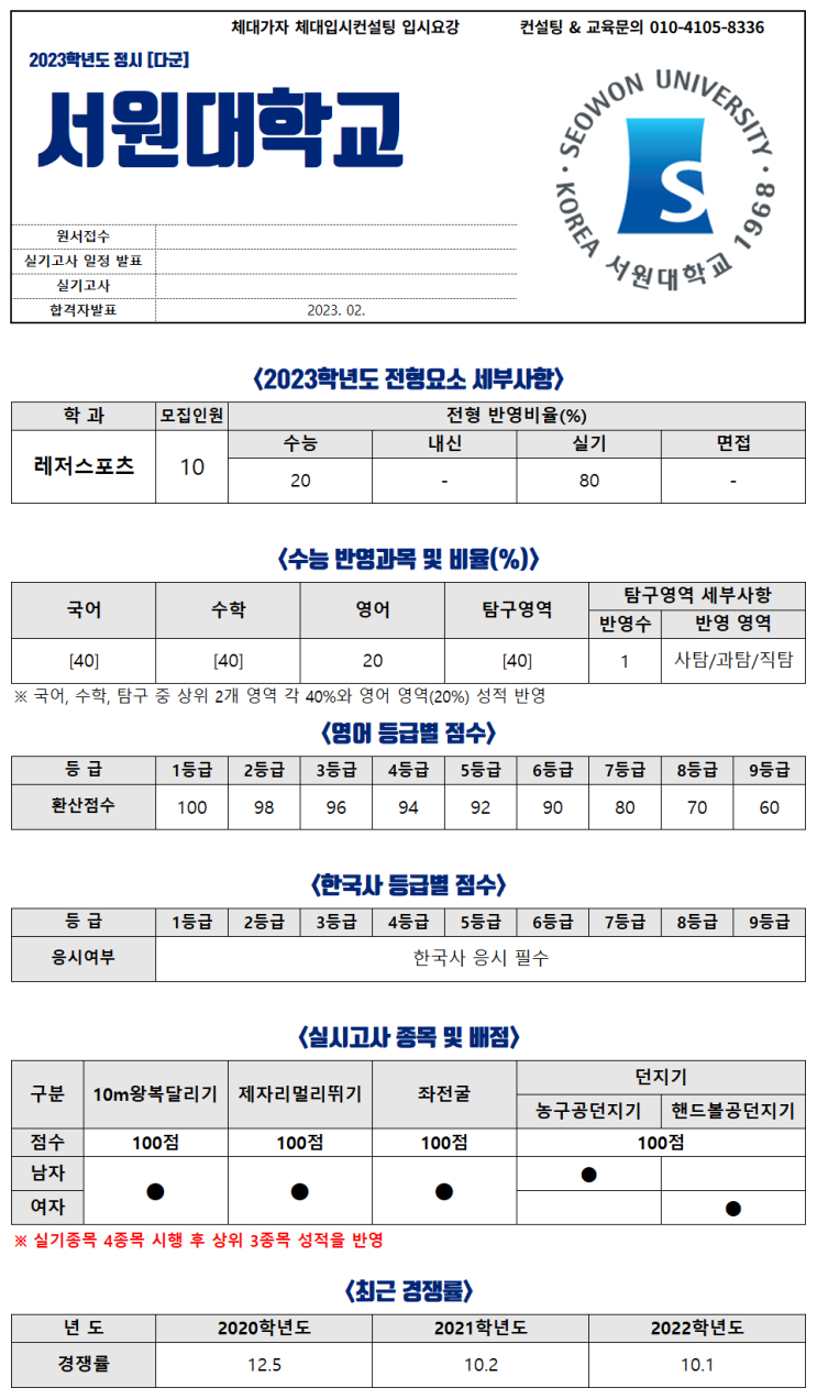 2023 서원대학교 레저스포츠학과 입시요강 계획안 강남광진체대입시 네이버 블로그