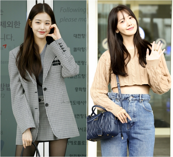 장원영 윤아 공항패션 미우미우 Ss23 패션쇼 참석 여자 하운드투스 체크 코트 자켓과 이쁜 호보백 브랜드다운 토트백으로