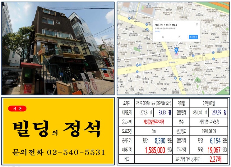 강남구 청담사거리 100억 빌딩 실거래가 조회 청담동 119 9 압구정로데오역 158억 5000만 원 평당 1억