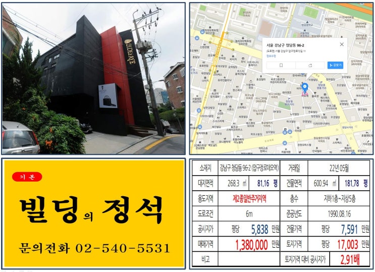 강남구 청담동 패션거리 100억 빌딩 실거래가 조회 청담동 96 2 압구정로데오역 138억 원 평당 1억 7003만