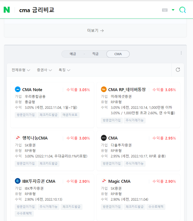 CMA통장금리비교/RP형, 발행어음형, 종금형/일복리/파킹통장/미래에셋증권,한국투자증권,KB증권,NH투자증권CMA/기준금리인상/예금자보호 : 네이버 블로그