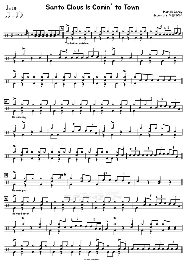[드럼악보] Mariah Carey - Santa Claus Is Comin' to Town : 네이버 블로그