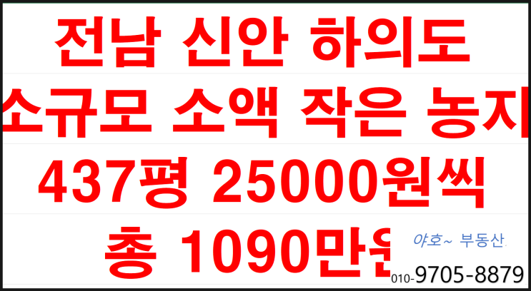 섬 하의도 농지 싼 급매물 25000원씩 총 1090만원 437평 관광지 김대중대통령생가 급매물 작고 싼 부동산 토지 투자 땅