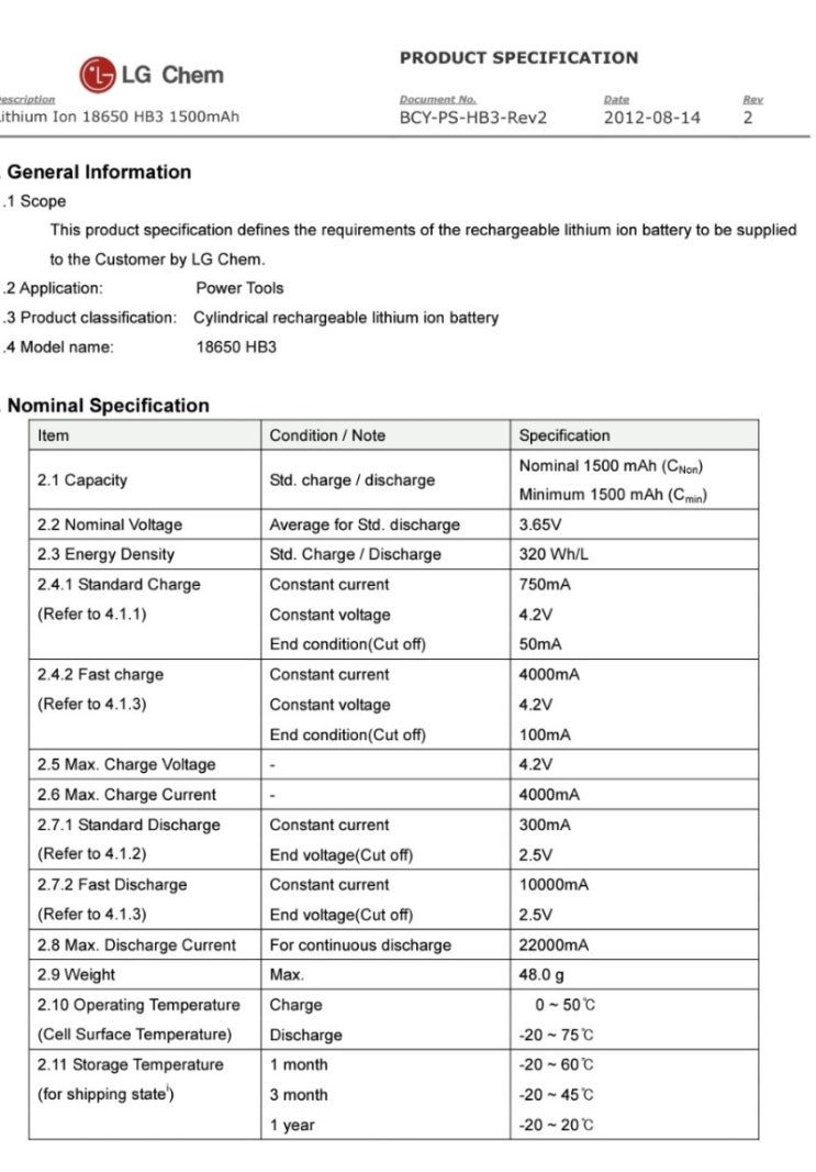 엘지(LG Cham) ICR18650HB3 데이터시트(Datasheet, Specification Sheet) : 네이버 블로그