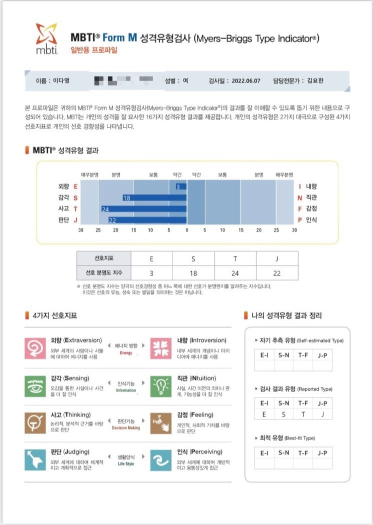 MBTI 정식 검사(Form M)후기_ESTJ : 네이버 블로그