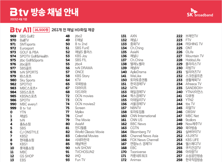 SKB Btv 2023년 04월 Btv이코노미(184채널),Btv스탠다드(235채널),Btv All(261채널) : 네이버 블로그