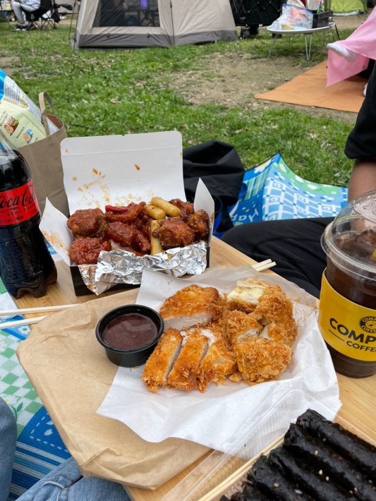 망원한강공원 텐트돗자리 피크닉 ️ Feat 망원시장맛집 교동닭강정바삭마차 마시멜로아이스크림어글리베이커리 포장