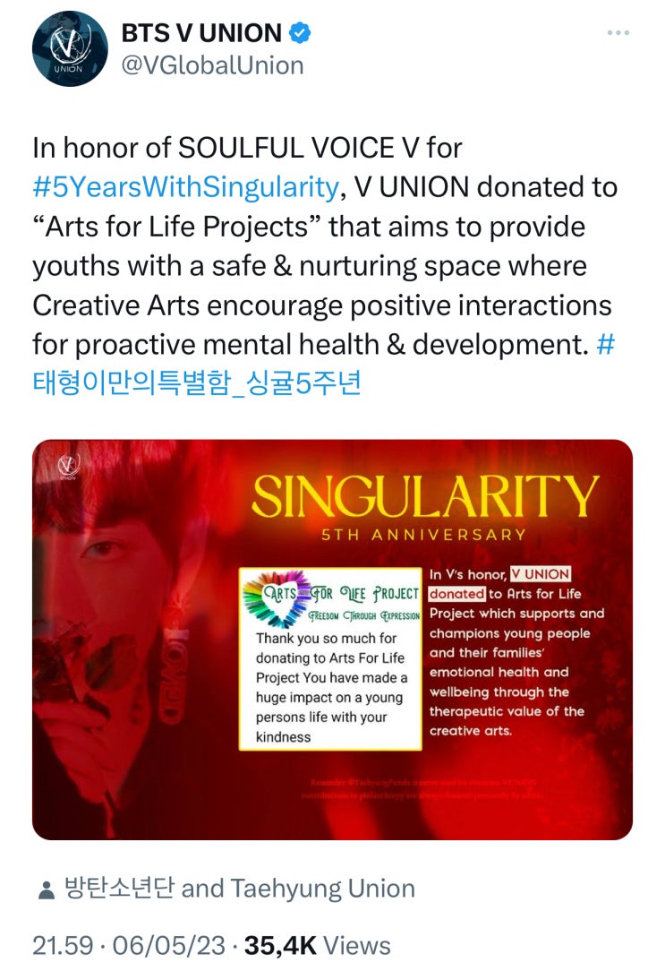 In honor of SOULFUL VOICE방탄소년단 뷔#5YearsWithSingularity, V UNION donated ...