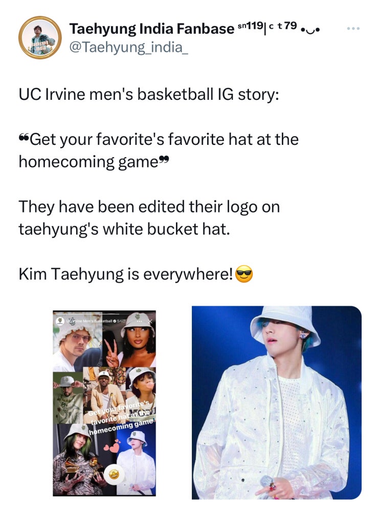 UC Irvine men's basketball IG story edited their logo on 방탄소년단 뷔 white ...