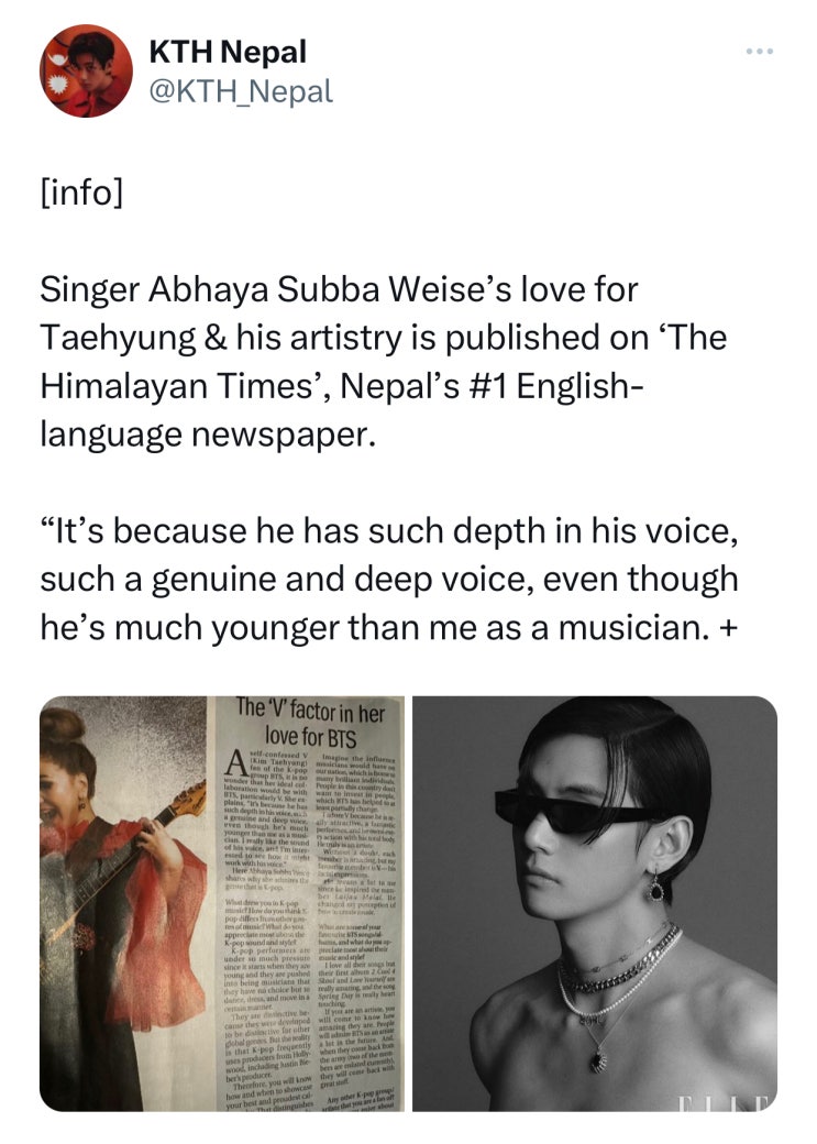 Singer Abhaya Subba Weise's love for 방탄소년단뷔 & his artistry is published ...