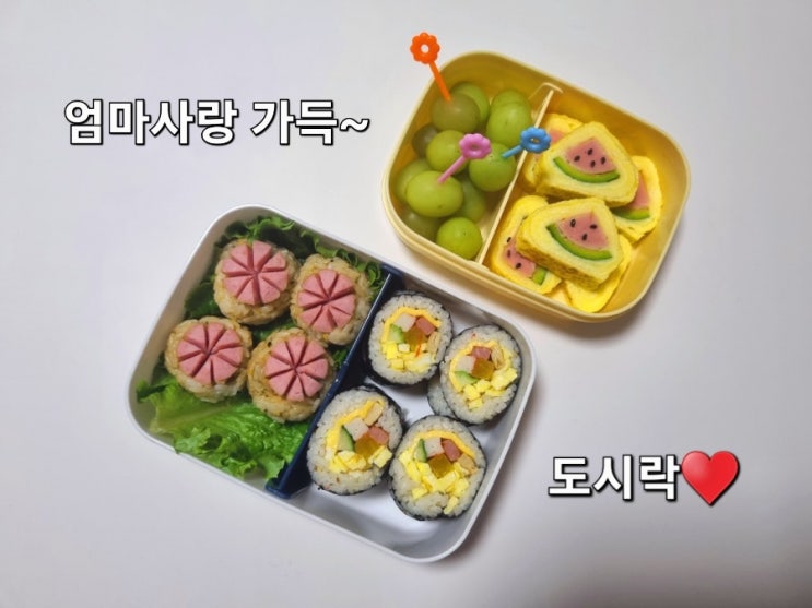 초등 소풍 도시락 엄마표 사랑가득~김밥 꽃주먹밥 수박 계란말이 청포도 네이버 블로그
