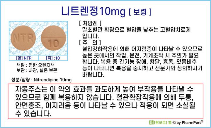 팜포트]-니트렌정10mg (니트렌디핀, Nitrendipine) [보령] ( 약품정보 / 복약안내문 / 생활요법 )- 고혈압 ...