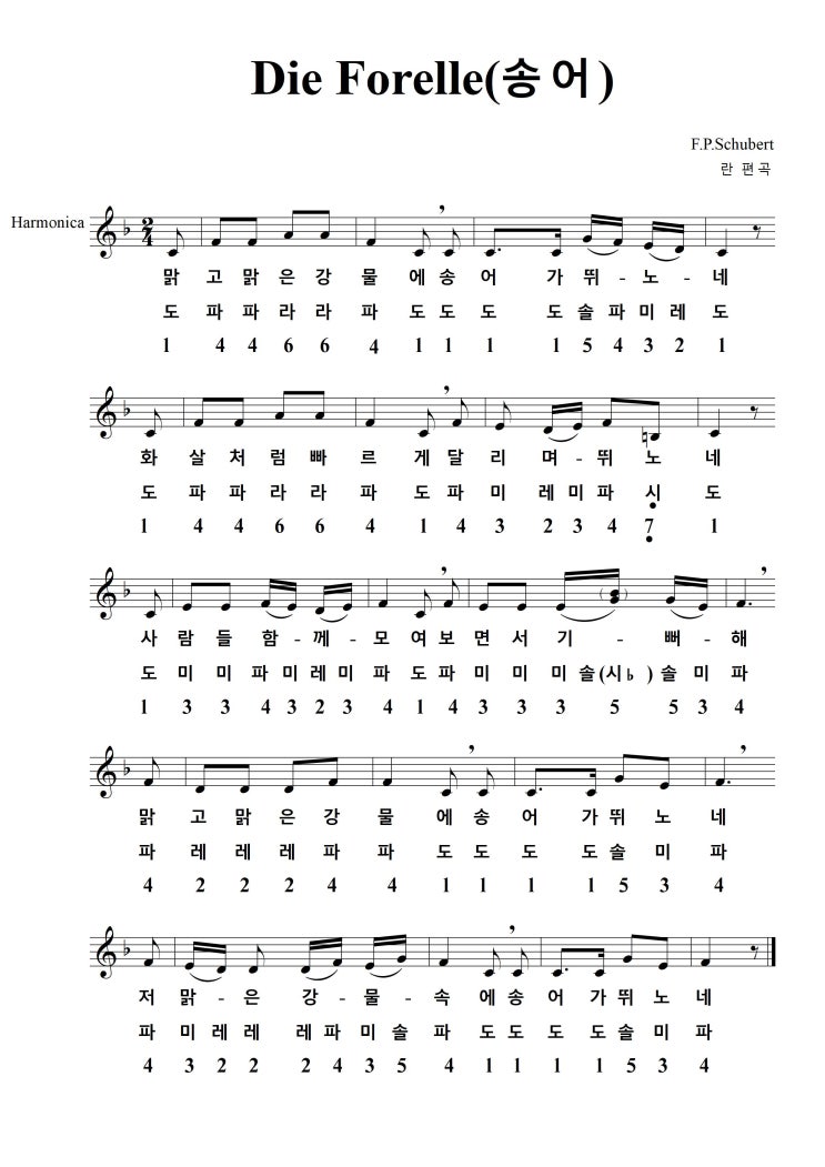 Die Forelle(송어) 하모니카 바장조(F Major) 악보와 음원 : 네이버 블로그