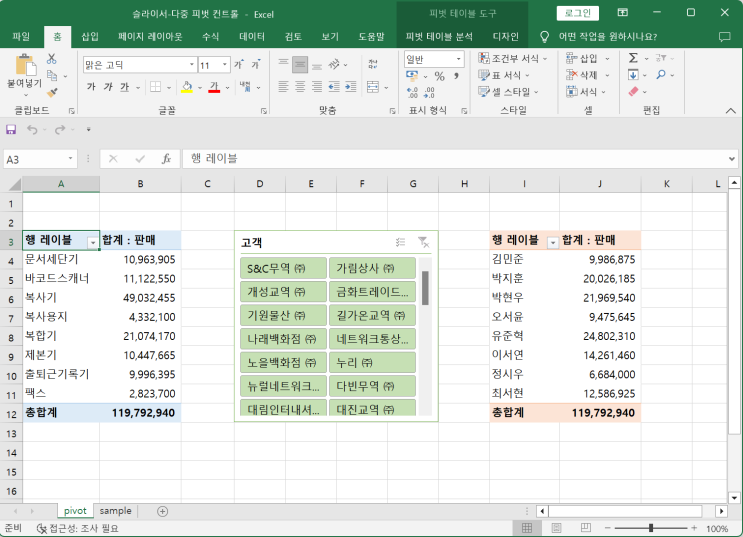 엑셀excel 기초 And 실무 엑셀 배우기 슬라이서 하나로 여러 피벗 테이블 동시에 컨트롤하기 네이버 블로그