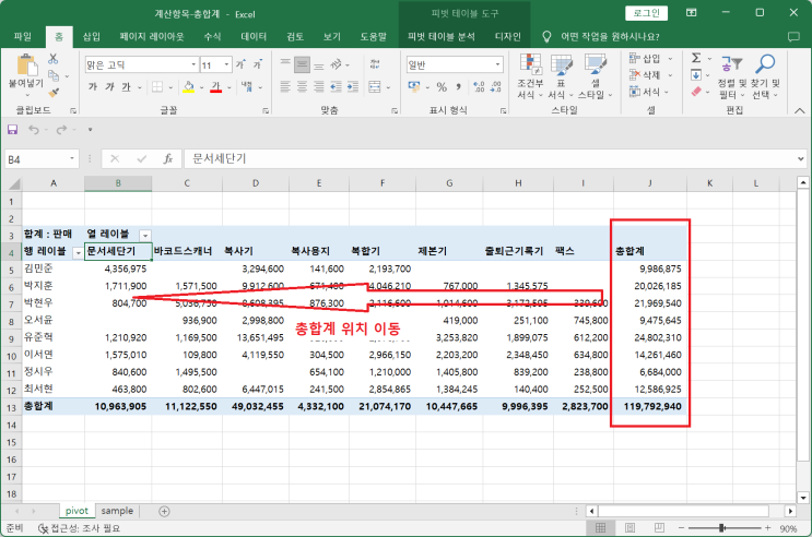 엑셀excel 기초 And 실무 엑셀 배우기 피벗 테이블 보고서 총합계 열을 원하는 위치에 표시하는 방법 네이버 블로그