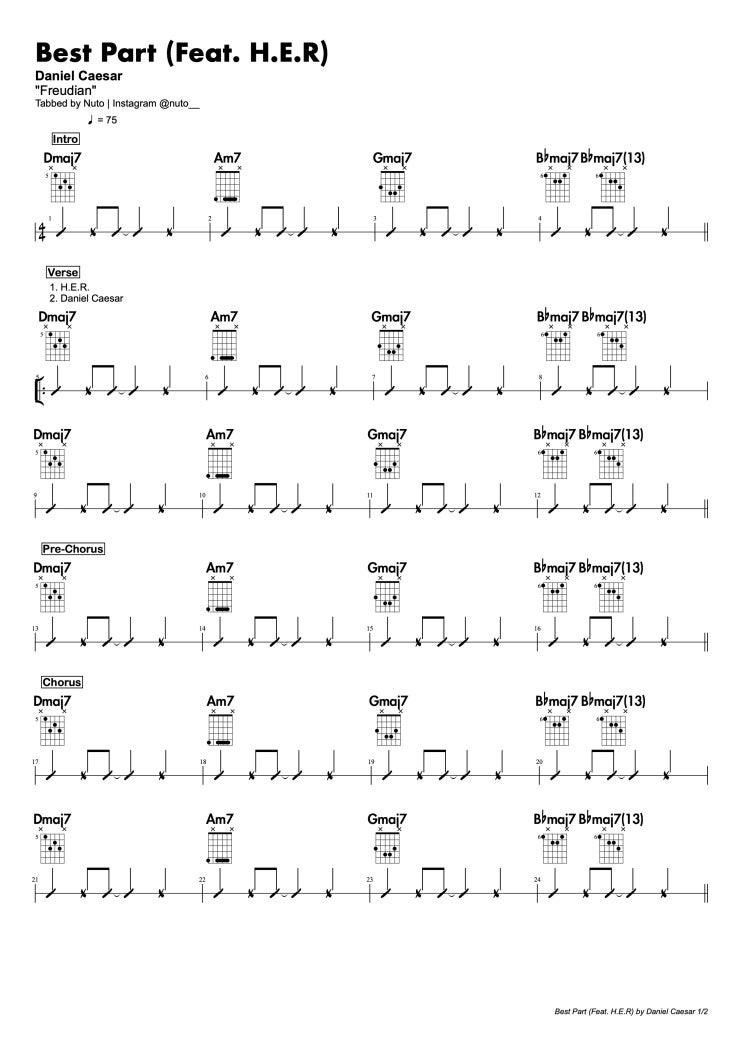 Daniel Caesar - Best Part (Feat. H.E.R.) | 코드 전체 악보 및 기타 코드표 : 네이버 블로그