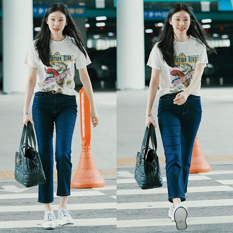 디올 스니커즈 반팔티 백으로 완성한 김연아 공항패션 네이버 블로그