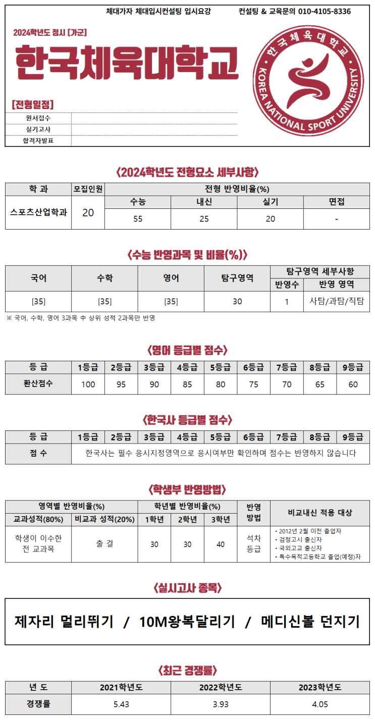 2024 한국체육대학교 스포츠산업학과 입시요강 계획안 언주학동체대입시 네이버 블로그