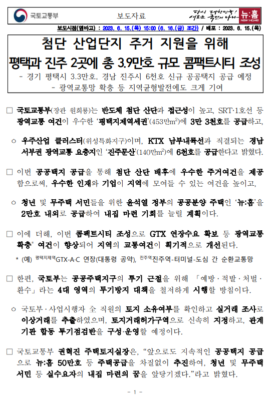 첨단 산업단지 주거 지원을 위해 평택과 진주 2곳에 총 39만호 규모 콤팩트시티 조성 네이버 블로그