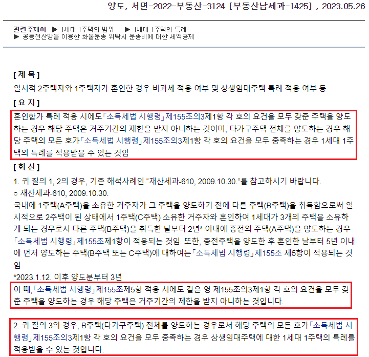혼인합가 특례 적용 시 상생임대주택 비과세 특례 요건 충족한 주택 거주기간 제한 없음다가구주택은 모든 호별로 상생임대주택