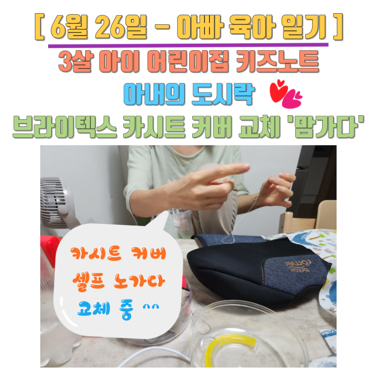 6월 26일 아빠 육아 일기 3살 아이 어린이집 키즈노트 아내의 도시락 브라이텍스 카시트 커버 교체 맘가다 네이버 블로그