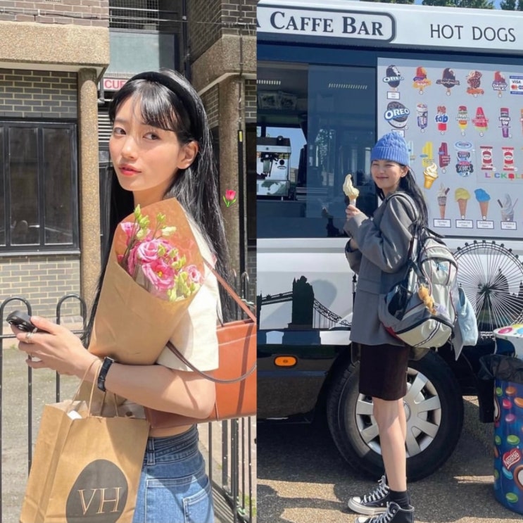 수지 인스타 런던 여행룩 2가지 코디 정보 엔오르 반팔자켓 노컨텐츠 백팩 네이버 블로그