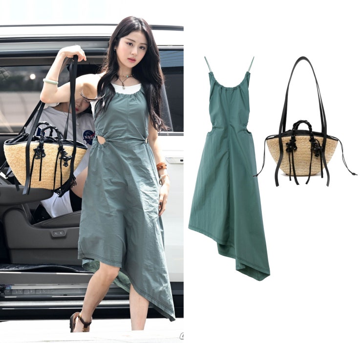 르세라핌 허윤진 공항 패션 가방 옷 정보더 일마 여름 원피스 코디 오토링거 라피아백 숄더백 휴가룩 추천 네이버 블로그