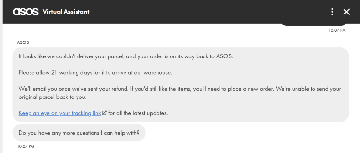 영국 asos 아소스 강제 반품(취소) 당하고 라이브챗(virtual chat) 으로 문의 해보기 : 네이버 블로그