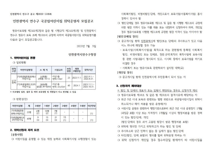 인천광역시 연수구국공립어린이집 위탁운영자 모집공고 725다수합격지역국공립어린이집위탁공고어린이집위탁서류국공립어린이집
