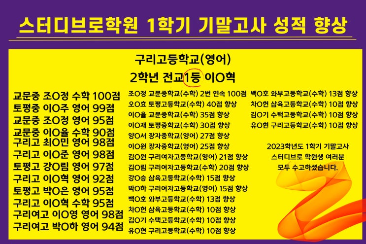 내신 성적 향상 구리 중등부 고등부 1학기 기말고사 성적향상 스디브로 학원구리고구리여고토평고삼육고수택고구리중