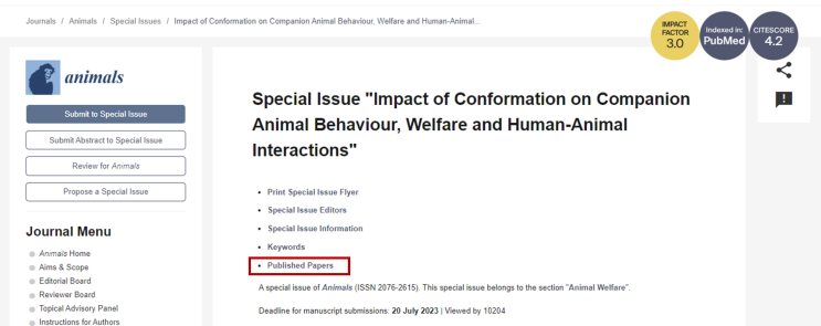 Animals Journal-Special Issue에 선정_SCI 국제 학술지 특별호 선정_학위논문,학술지논문,IF 3.0 ...