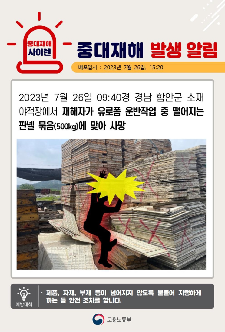 산업재해 중대재해 사고사례 야적장에서 재해자가 유로폼 운반작업 중 떨어지는 판넬 묶음500kg에 맞아 사망 네이버 블로그